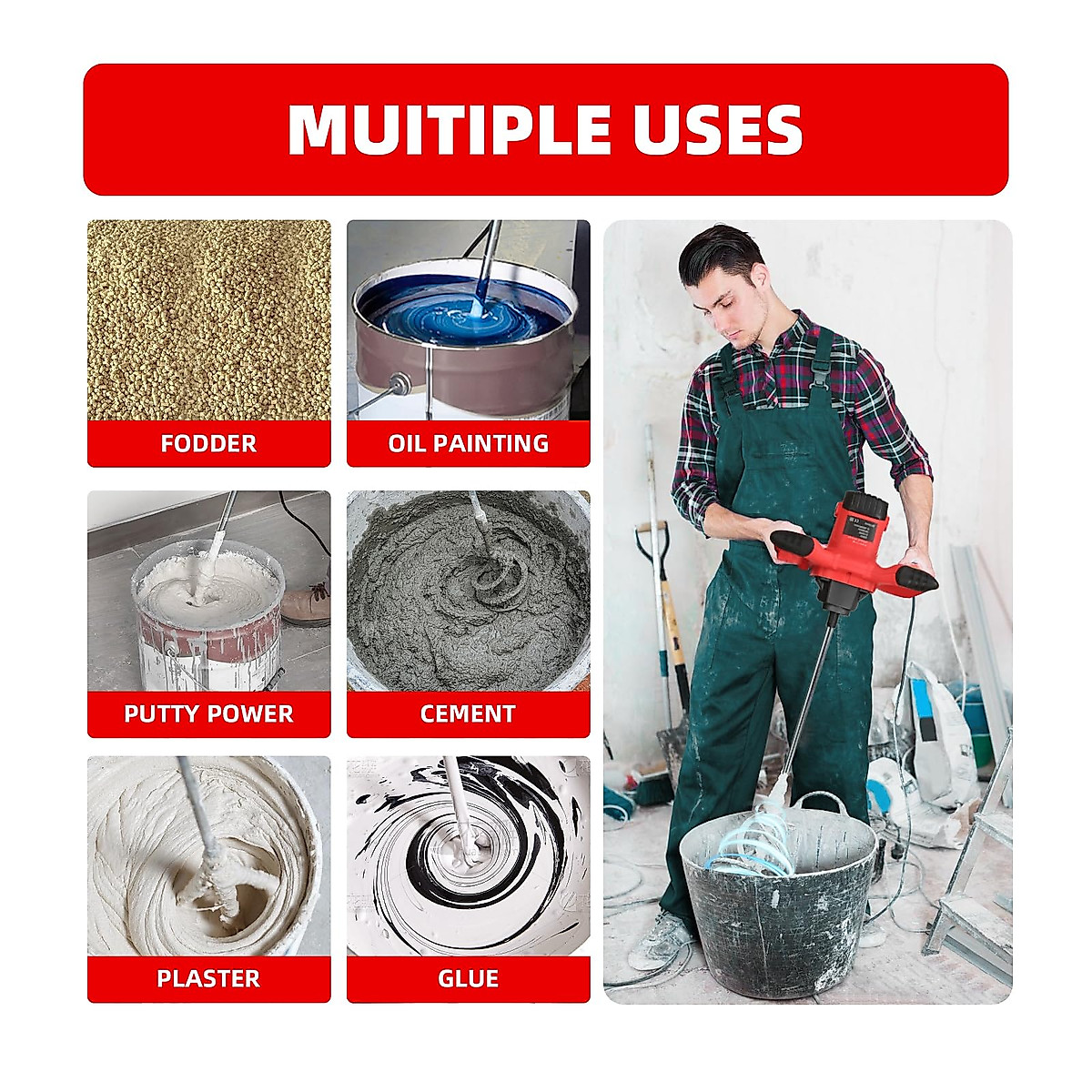 Cement Mixer,2300W Handheld Electric Concrete Mixer with 6 Adjustable Speed, 110V Portable Mud Mixer Paint Mixer for Motar Grout Plaster Thinset Fodder Stirring Tool