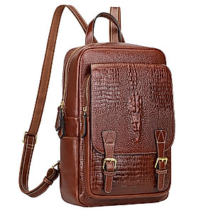 PIJUSHI Crocodile Leather Backpack Purse for Women Men Leather Rucksack with Flap (66511 Brown)