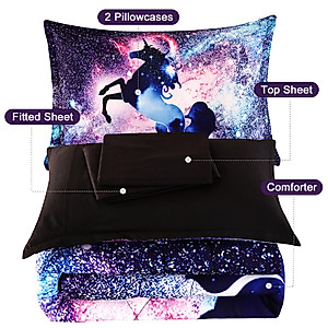 Wowelife Unicorn Twin Comforter Set for Girls 5 Pieces Blue Galaxy Bedding Set Unicorn Bed Set Twin Size Kids Bed in a Bag with Comforter, Flat Sheet, Fitted Sheet and 2 Pillowcases