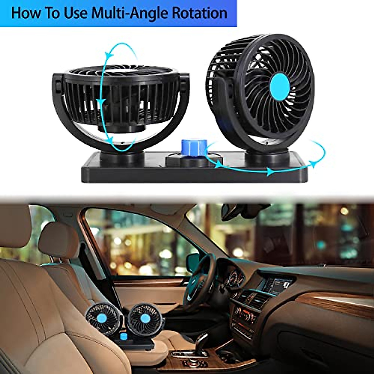 KINOWJI Car Cooling Air Fan,12V/24V Electric Dual Head Cooling Air Circulator 360 Degree Rotatable Auto Fan for Sedan SUV/RV/Boat/Truck/Auto Vehicles (12V)