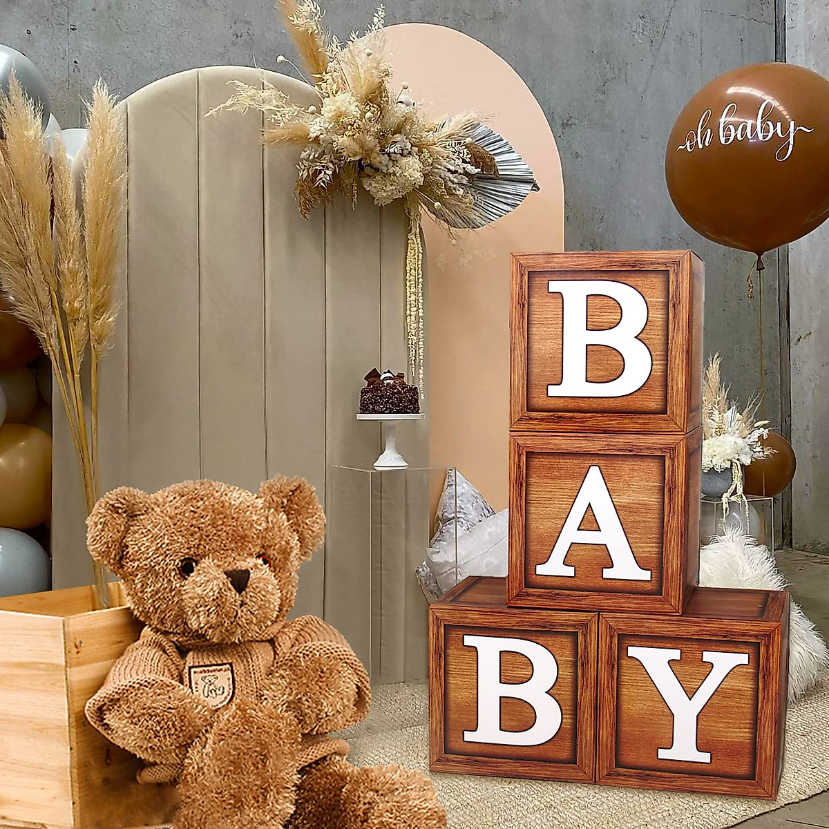 Baby Shower Decorations Baby Boxes with Letters, 4pcs Wood Baby Shower Brown Blocks with Printed BABY Letter, Gender Reveal Decorations, Woodland Baby Shower Girl Boy,Teddy Bear Theme Party