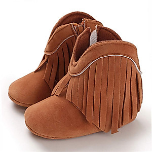 Timatego Baby Girl Cowboy Tassel Boots Side Zipper Non Slip Stay On Booties Infant Toddler First Walker Warm Winter Crib Shoes 3-18 Months, Baby Girl Boots 3-6 Months Infant, 02 Brown