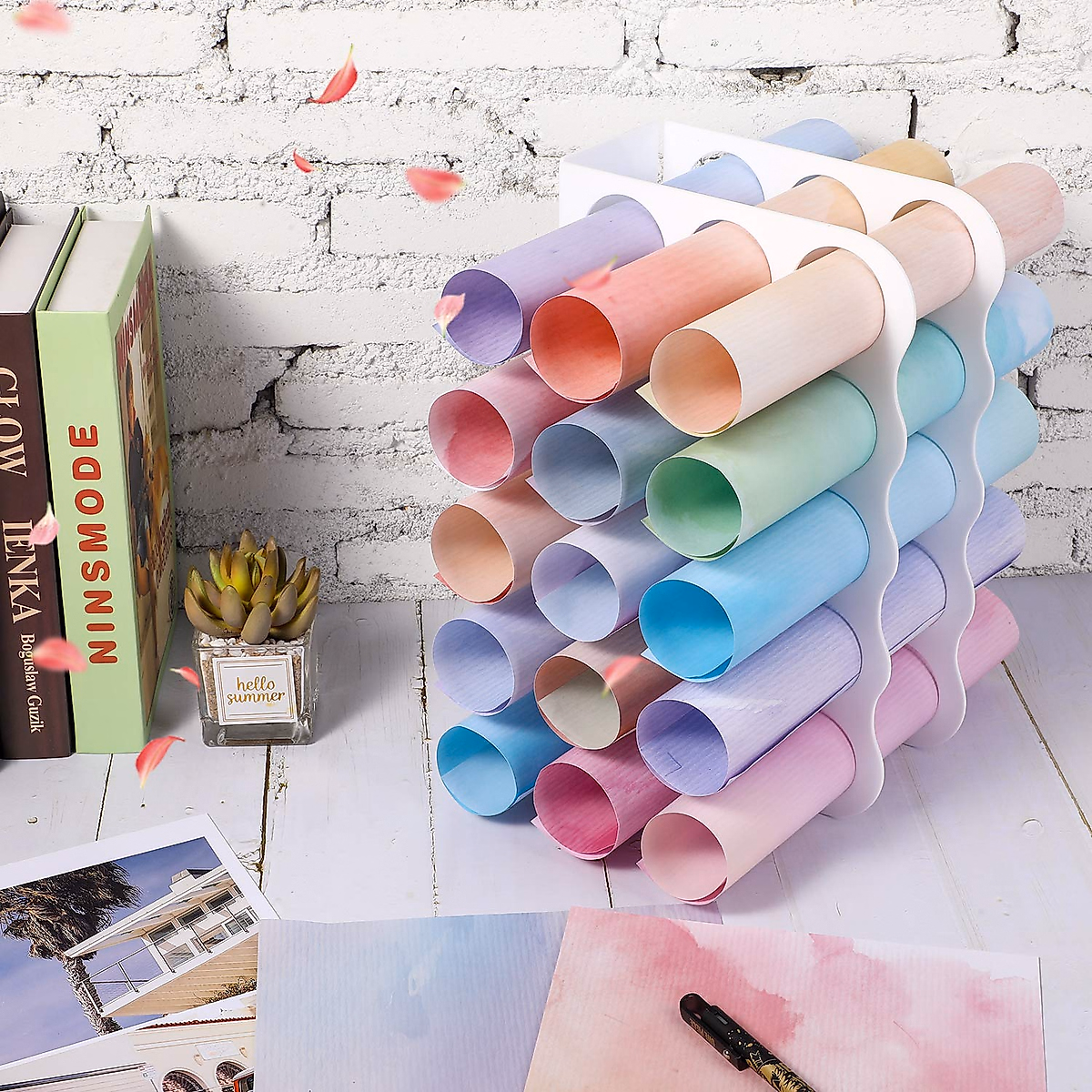 15-Holes Vinyl Storage Rack Acrylic Storage Organizer Multiple Large Holes Display Stand for Vinyl Rolls and More (12 Inch x 7.8 Inch, Aperture 2 Inch) (White)