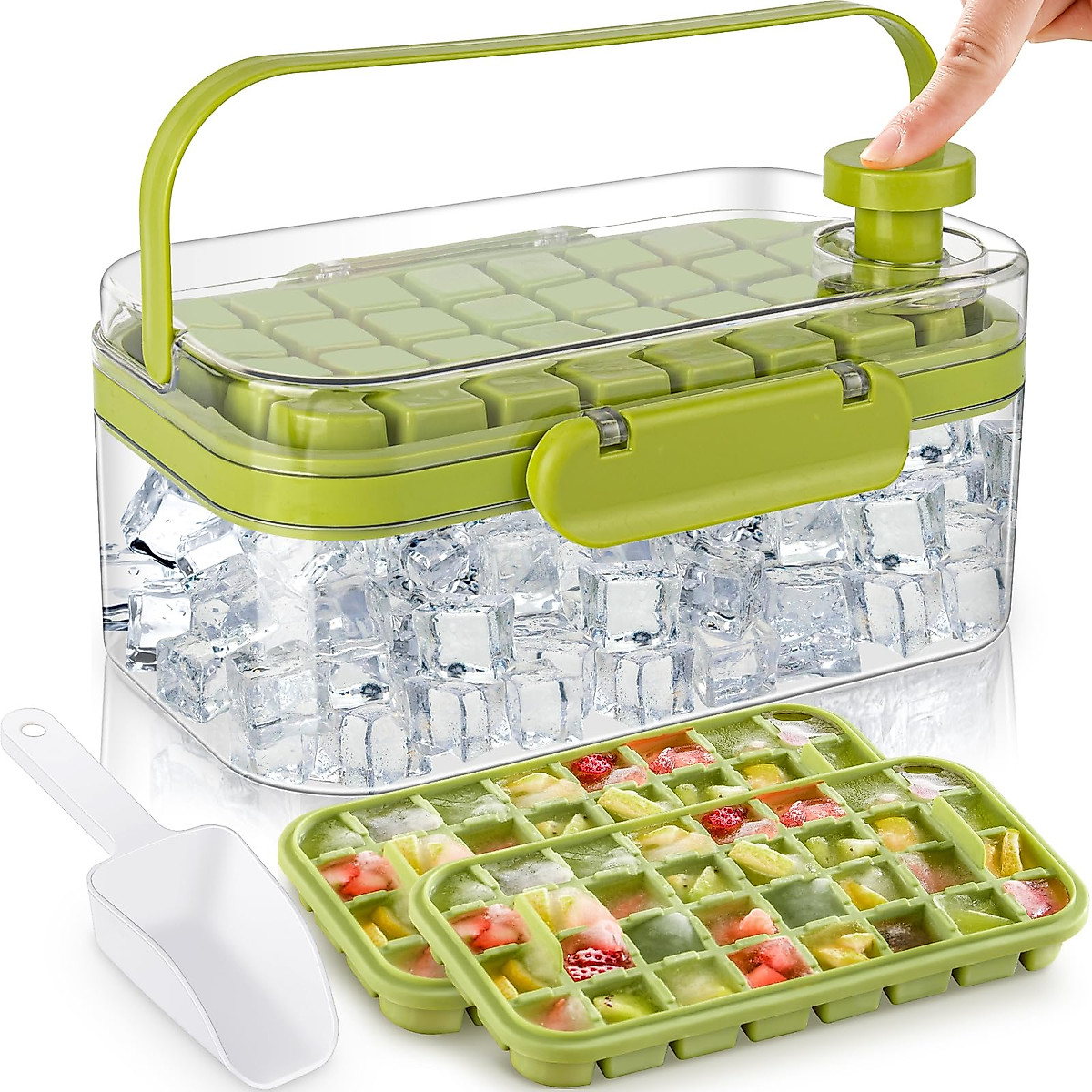 Kamsyluci Ice Cube Tray With Lid And Bin, Ice Cube Trays For Freezer, 64pcs Ice Lattice Molds Ice Container Maker For Freezer Box With Easy Release, Ez Ice Tray And Ice Scoop (Green)