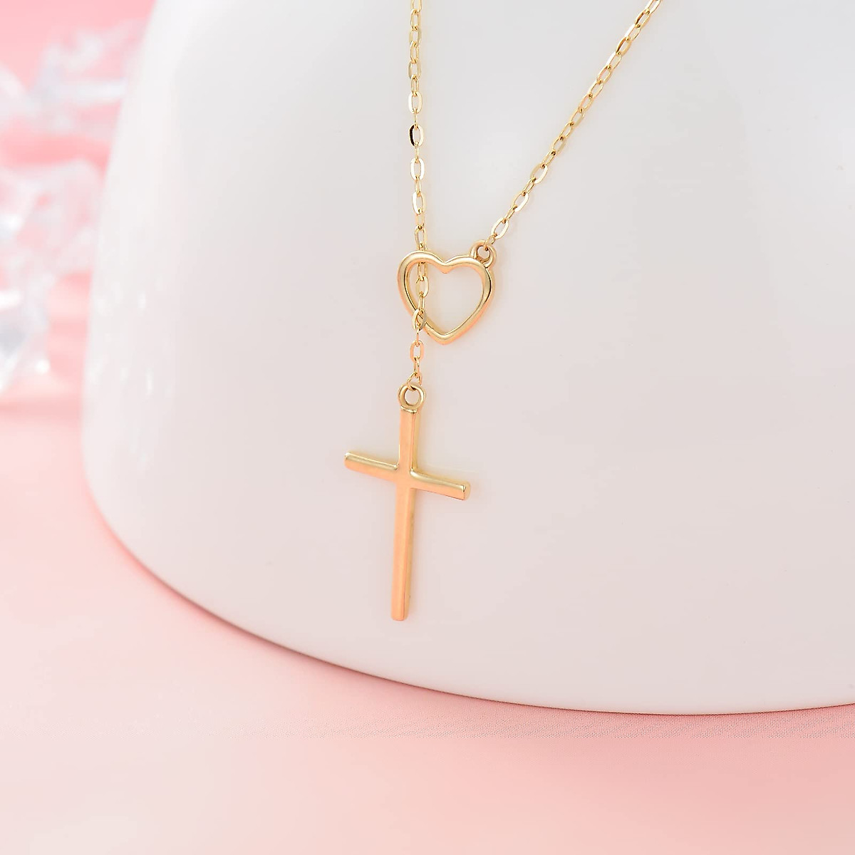 SISGEM 14K Real Gold Cross Necklace for Women,Yellow/White Gold Small Heart Cross Y-Necklaces,Anniversary Birthday Jewelry Present for Wife Mom 16''+2''