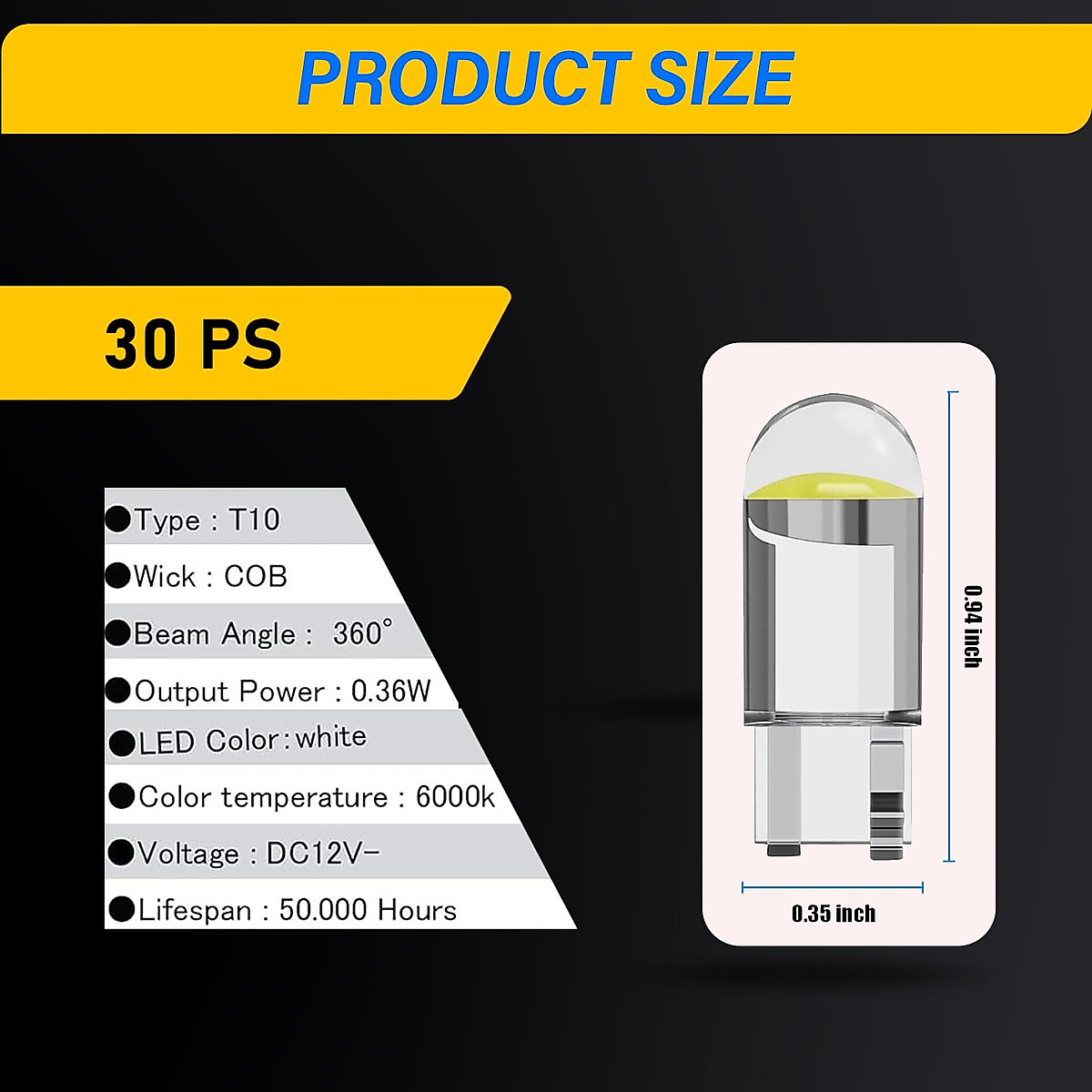 Crynod 30 PCS Car 194 LED Bulb, 6000K Super Bright 168 2825 W5W T10 Wedge-shaped LED, License Plate Light Map Light, Universal for Most Cars Lighting Parts (White)