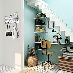 Entryway Coat Hooks with Shelf and Clock, Wall-Mounted Hanging Rack, Hallway/Living Room/Bedroom Organize and Decor Display Hook Rack. Bamboo Wood Body with 8 Metal Hooks, White Colour