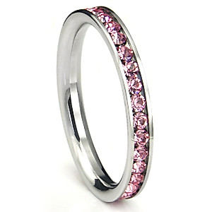Metal Factory 316L Stainless Steel Pink Cubic Zirconia CZ Eternity Wedding 3MM Band Ring Sz 9