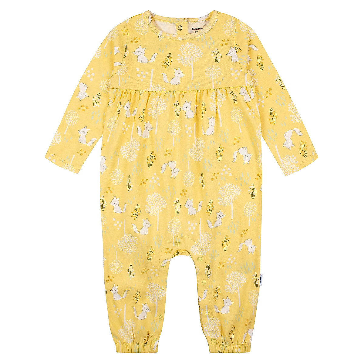 Gerber Baby Girls' 2-Pack Long Sleeve Jumpsuit, Green Yellow Fox, 6-9 Months