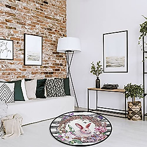 Vdsrup Spring Easter Holiday Doormat Easter Bunny Rabbit Butterfly Floral Round Floor Mat Non Slip Carpet Yoga Mat Rugs for Entryway Living Room Bedroom Home Decor 3'