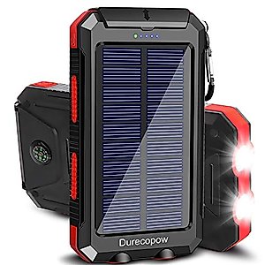 Durecopow Solar Charger, 20000mAh Portable Outdoor Waterproof Solar Power Bank, Camping External Backup Battery Pack Dual 5V USB Ports Output, 2 Led Light Flashlight with Compass (Red)