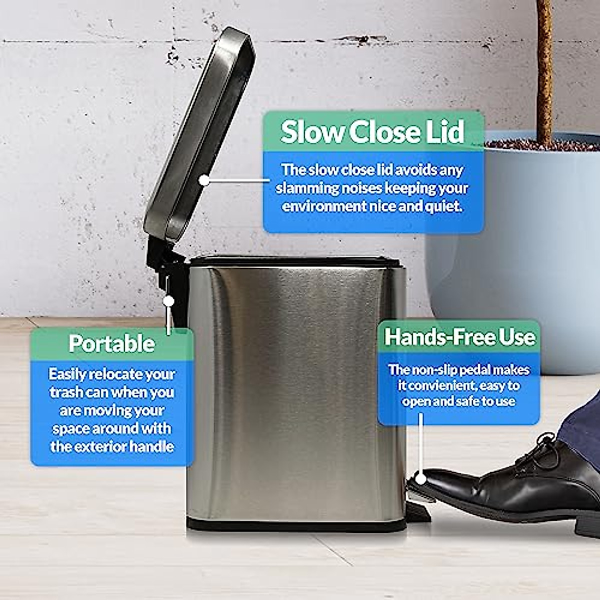 Reli. Small Trash Can with Lid, 1.3 Gallon (5 Liter) | Stainless Steel (Silver) | Small Bathroom Trash Can | Step Pedal Garbage Can with Removable Bucket, Kitchen | Rectangular Metal Trash Bin