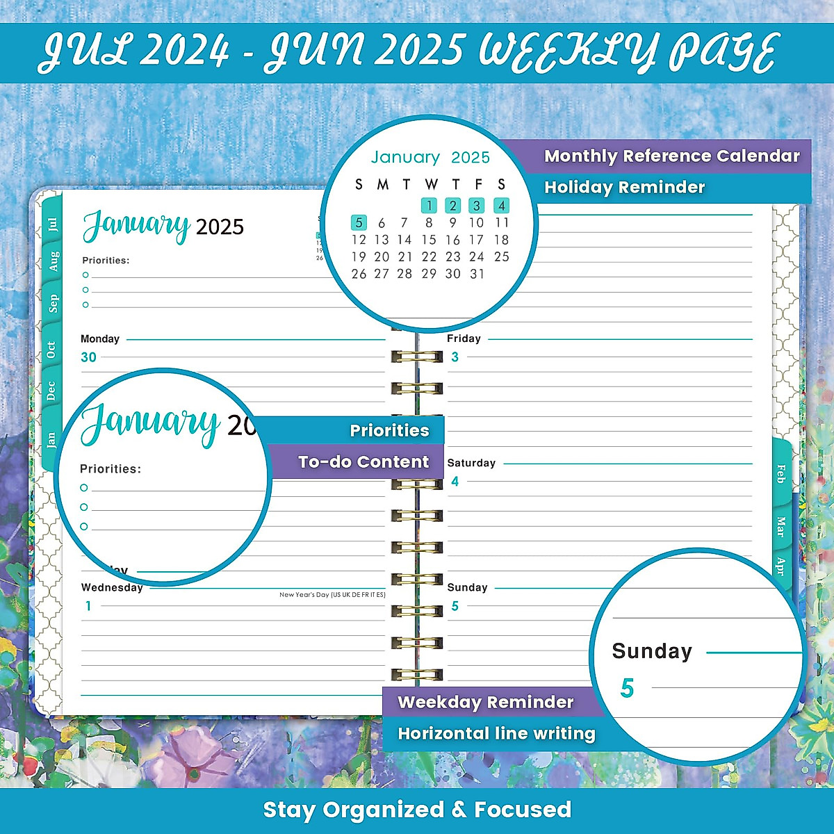 2024-2025 Planner - 2024-2025 Planner Weekly and Monthly, JUL 2024 - JUN 2025, 6.4" x 8.5", Calendar 2024-2025 Planner with Monthly Tabs, Sturdy Cover, Premium Paper, Back Pocket, Strong Twin-wire