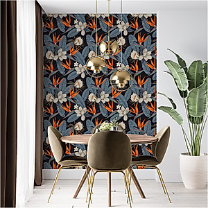 UniGoos White Floral Peel and Stick Wallpaper Black Background Blue Palm Flower Contact Paper Vinyl Self-Adhesive Vintage Wall Paper Roll for Cabinet DIY Decor 17.7" x 118"