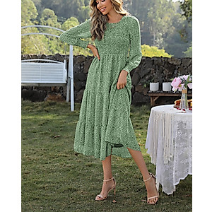 kimralur Womens Casual Long Sleeve Midi Fall Dress Crew Neck Boho Floral Print Smocked Ruffle Tiered Flowy Long Dress