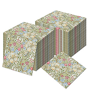 Bolsome 100Pcs William Morris Paper Napkins Vintage Flowers Cocktail Napkins Disposable Green Gold Wildflowers Luncheon Hand Napkins for Wedding Bridal Shower Dinner Tableware Supplies