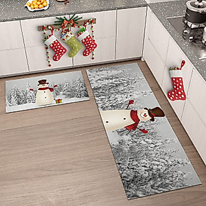 Queener Home Winter Christmas Tree and Snowman Kitchen Rugs and Mats Set of 2, Washable Floor Doormat Comfort Area Runner Rug Non-Slip Rubber Backing for Indoor Cartoon Pattern
