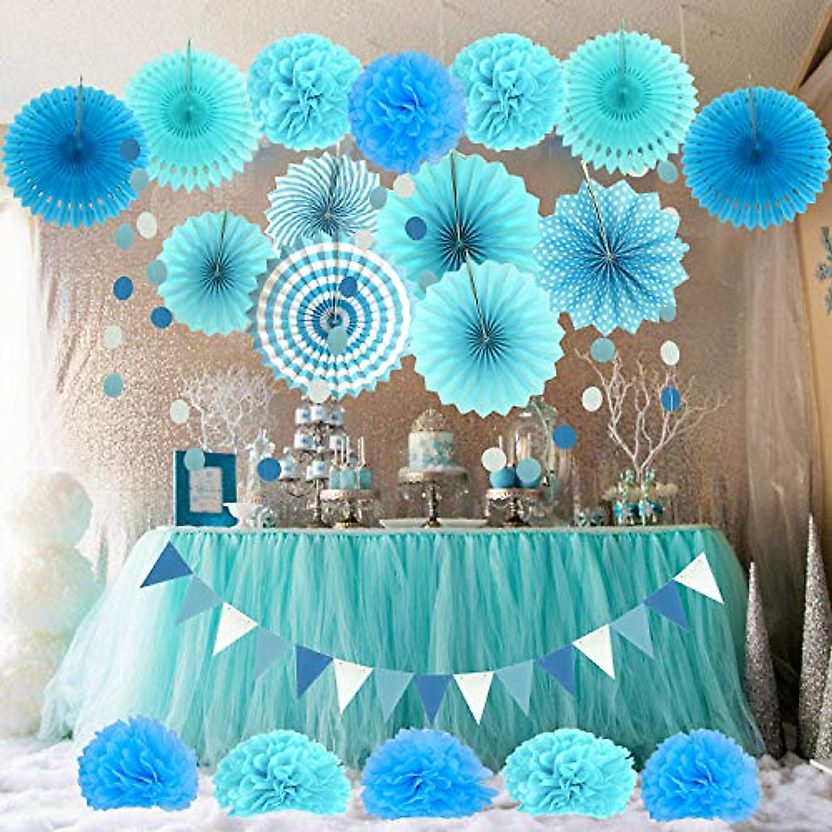 ZERODECO Party Decoration, 21 Pcs Blue Hanging Paper Fans, Pom Poms Flowers, Garlands String Polka Dot and Triangle Bunting Flags for Boy Birthday Parties, Bridal Showers, Baby Showers, Wedding