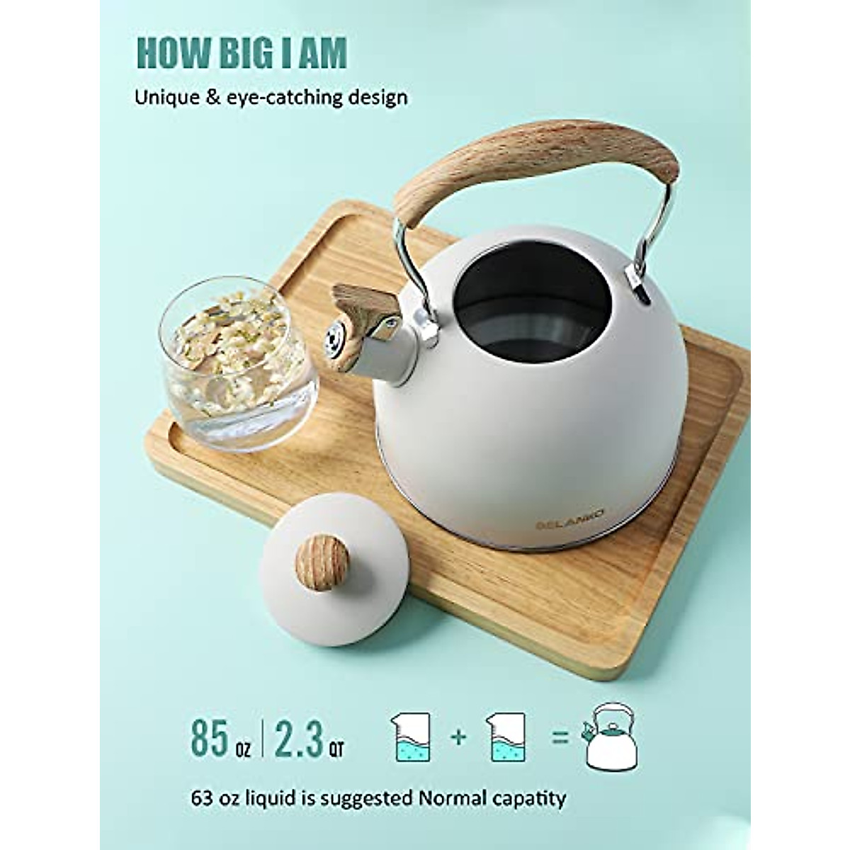 Tea Kettle, BELANKO 85 OZ / 2.5 Liter Whistling Tea Kettle Pots for Stove Top Food Grade Stainless Steel with Wood Pattern Folding Handle, Loud Whistle for Tea, Coffee, Milk - Milk White