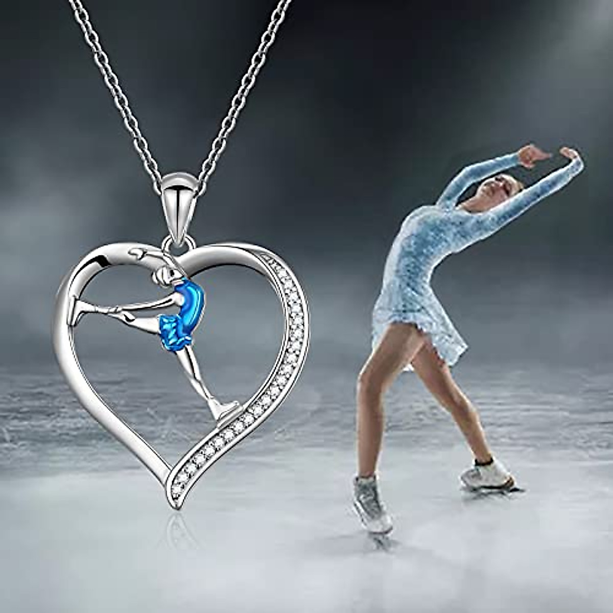 DAOCHONG Figure Skater Necklace S925 Sterling Silver Ice Skating Sport Love Heart Charm Pendant Necklace Inspirational Jewelry Gifts for Women, Ice Skaters, Ice Skater's Mom, Coach and Fans