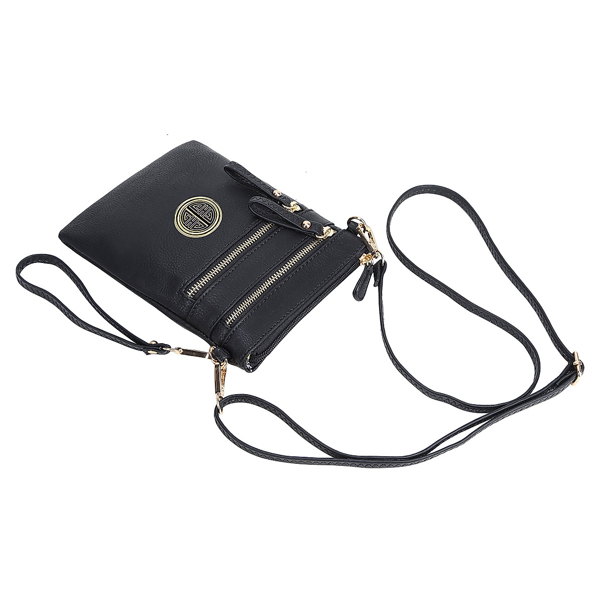 Solene Women's Faux Leather Organizer Multi Zipper Pockets With Detachable Wristlet Crossbody Bag -WU002L (Black)