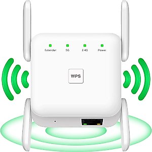 WiFi Repeater - 1200Mbps WiFi Range Extender Wireless Signal Repeater Booster, Dual Band 2.4G and 5G Expander, 4 Antennas 360° Full Coverage, Extend WiFi Signal to Smart Home Devices（AK1206 White）