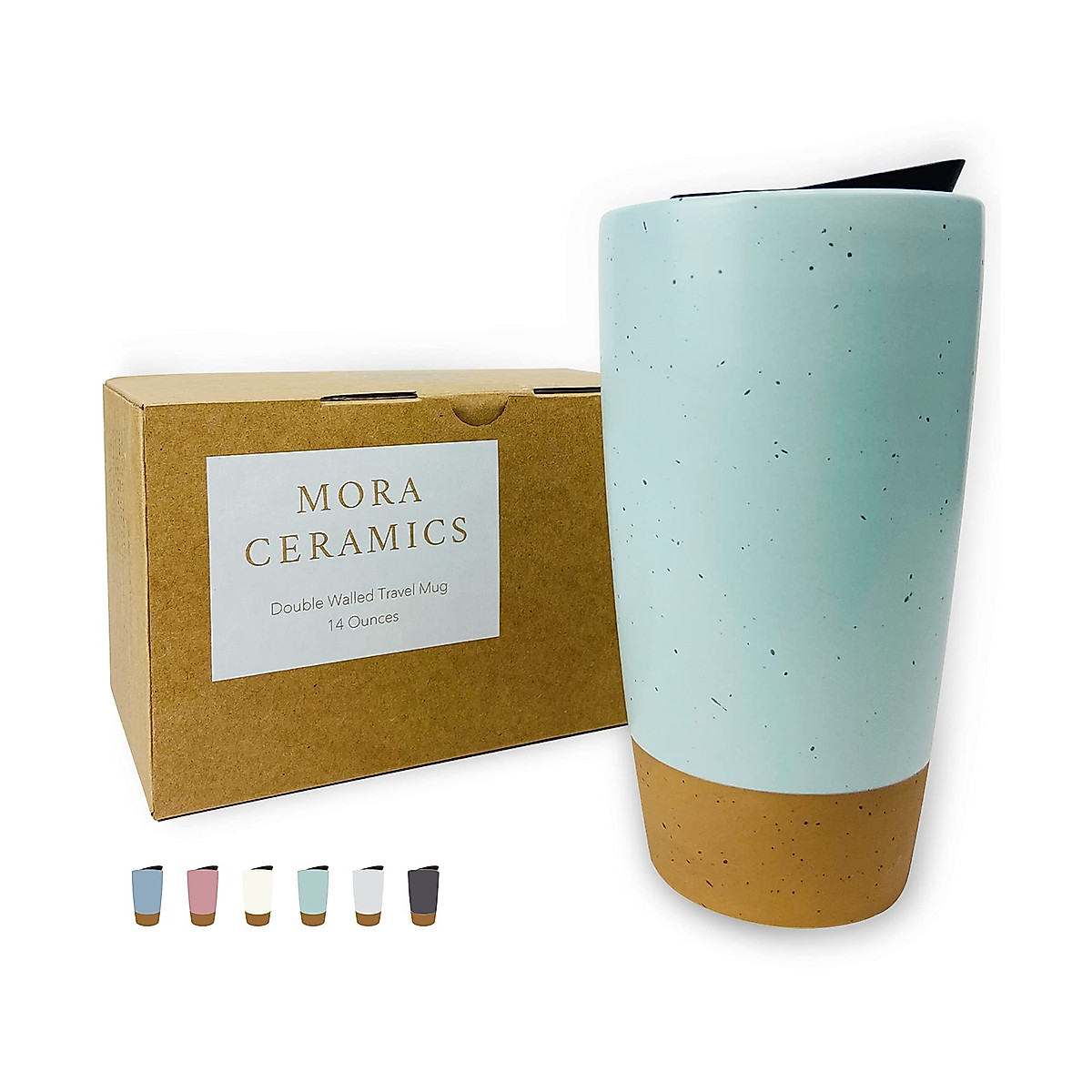 Mora Double Wall Ceramic Coffee Travel Mug with Lid, 14 oz, Portable, Microwave, Dishwasher Safe, Insulated Reusable Tall Cup, Splash Resistant Lid - To Go Tumbler for Car Cup Holder, Seafoam