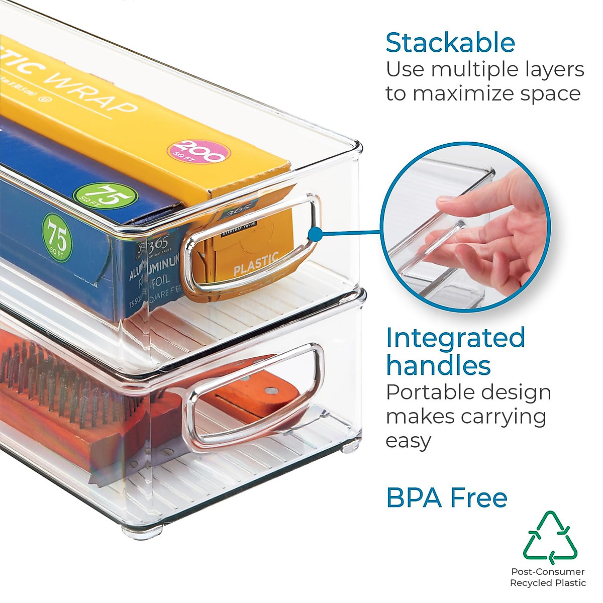 iDesign BPA-Free Plastic Pantry and Kitchen Storage, Freezer and Fridge Organizer Bin with Easy Grip Handles – 16" x 6" x 3", Clear