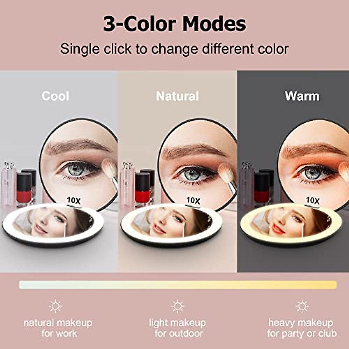 LED Lighted Travel Makeup Mirror, Rechargeable Large 5" 1x/10x Magnifying- Medical Grade LED, 3 Colors Settings & Brightness Adjustable- Portable, Touch Screen Compact Mirror w/Brighter Light (Black)