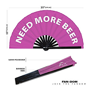Need More Beer Hand Fan Foldable Bamboo Circuit Hand Fan Funny Gag Slang Words Expressions Statement Gifts Festival Accessories Rave Handheld Circuit Event Fan Clack Fans (Pink)