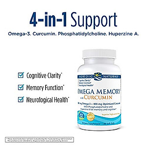 Nordic Naturals Omega Memory with Curcumin, Lemon - 60 Soft Gels - 1000 mg Omega-3 + 400 mg Optimized Curcumin - Memory, Cognition - Contains Phosphatidylcholine & Huperzine A - Non-GMO - 30 Servings