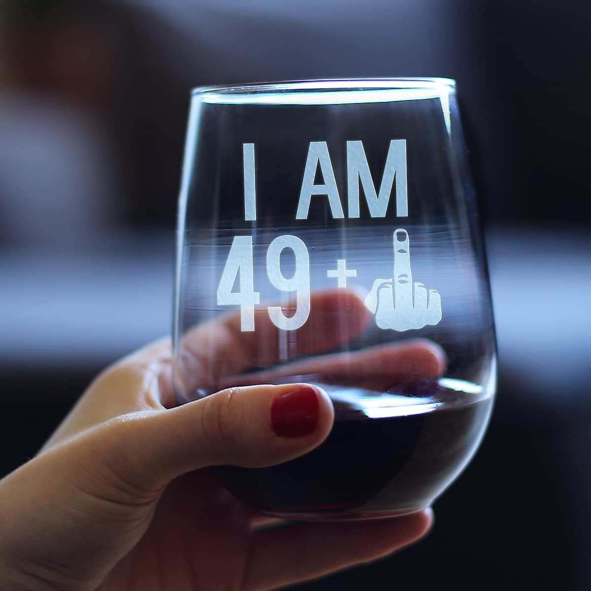 49 + 1 Middle Finger - 50th Birthday Stemless Wine Glass for Women & Men - Cute Funny Wine Gift Idea - Unique Personalized Bday Glasses for Best Friend Turning 50 - Drinking Party Decoration