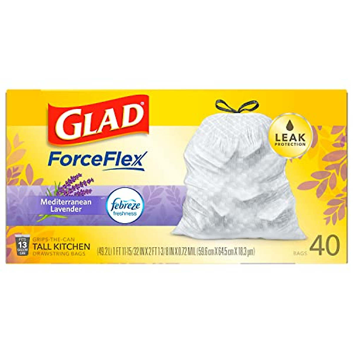 GLAD ForceFlex Tall Drawstring Trash Bags, 13 Gallon White Trash Bags for Tall Kitchen Trash Can, Mediterranean Lavender with Febreze Freshness to Eliminate Odors, 40 Count