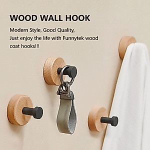 Funnytek Adhesive Wood Coat Hooks - 4 Pack Beech Wood Wall Hooks Natural Rustproof Coat Rack Adhesive Hooks for Wall, Towel Hooks for Hanging Coats, Hats, Bags, Keys (Style C)