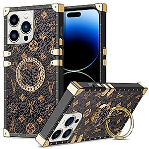 WOLLONY for iPhone 14 Pro Max Square Case, Luxury Elegant Phone Case with Kickstand Ring Stand for Women Girls Soft TPU Metal Edges Shockproof Protective Cover for iPhone 14 Pro Max 6.7" Brown