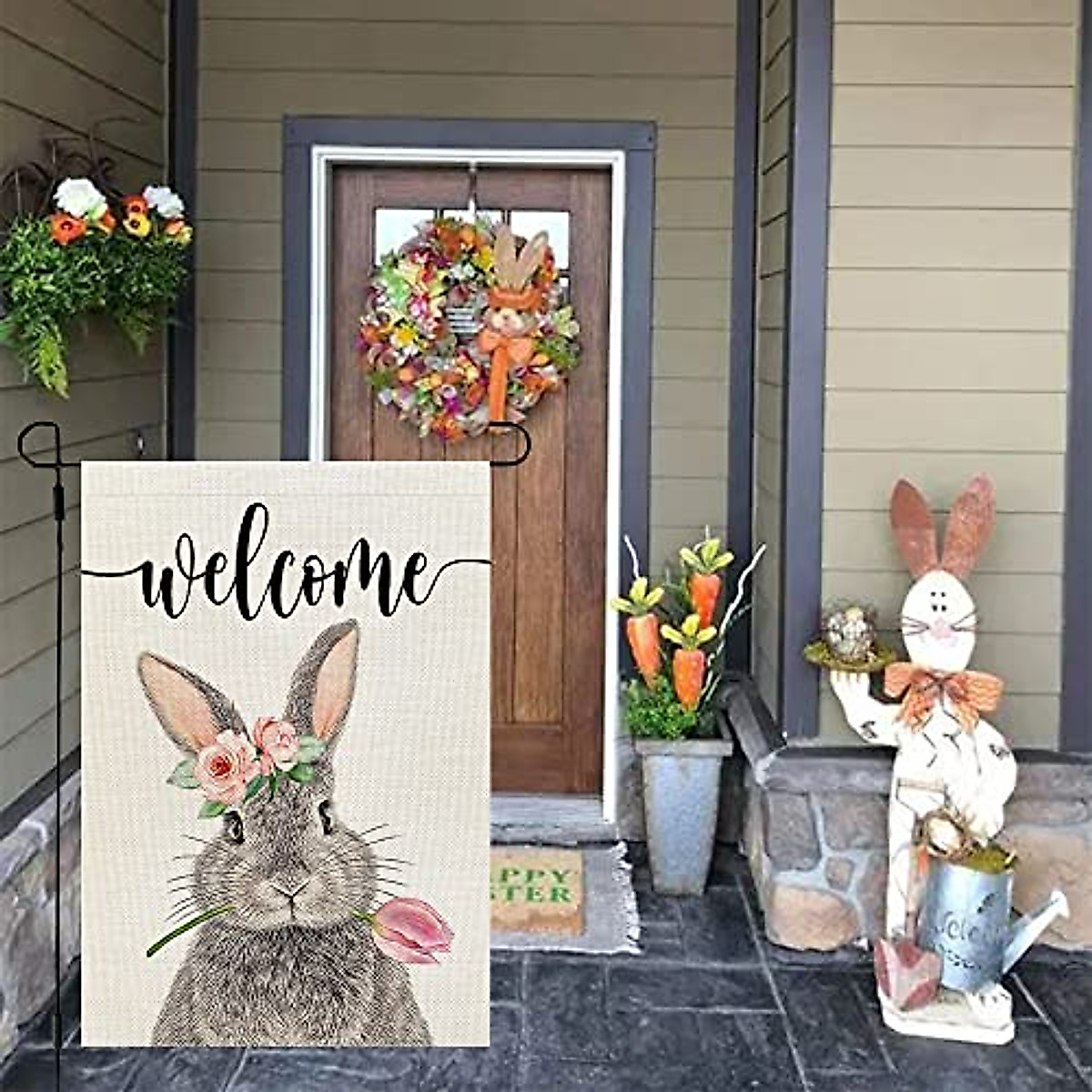 CROWNED BEAUTY Easter Grey Bunny Garden Flag 12x18 Inch Double Sided for Outside Burlap Small Welcome Yard Holiday Flag CF702-12