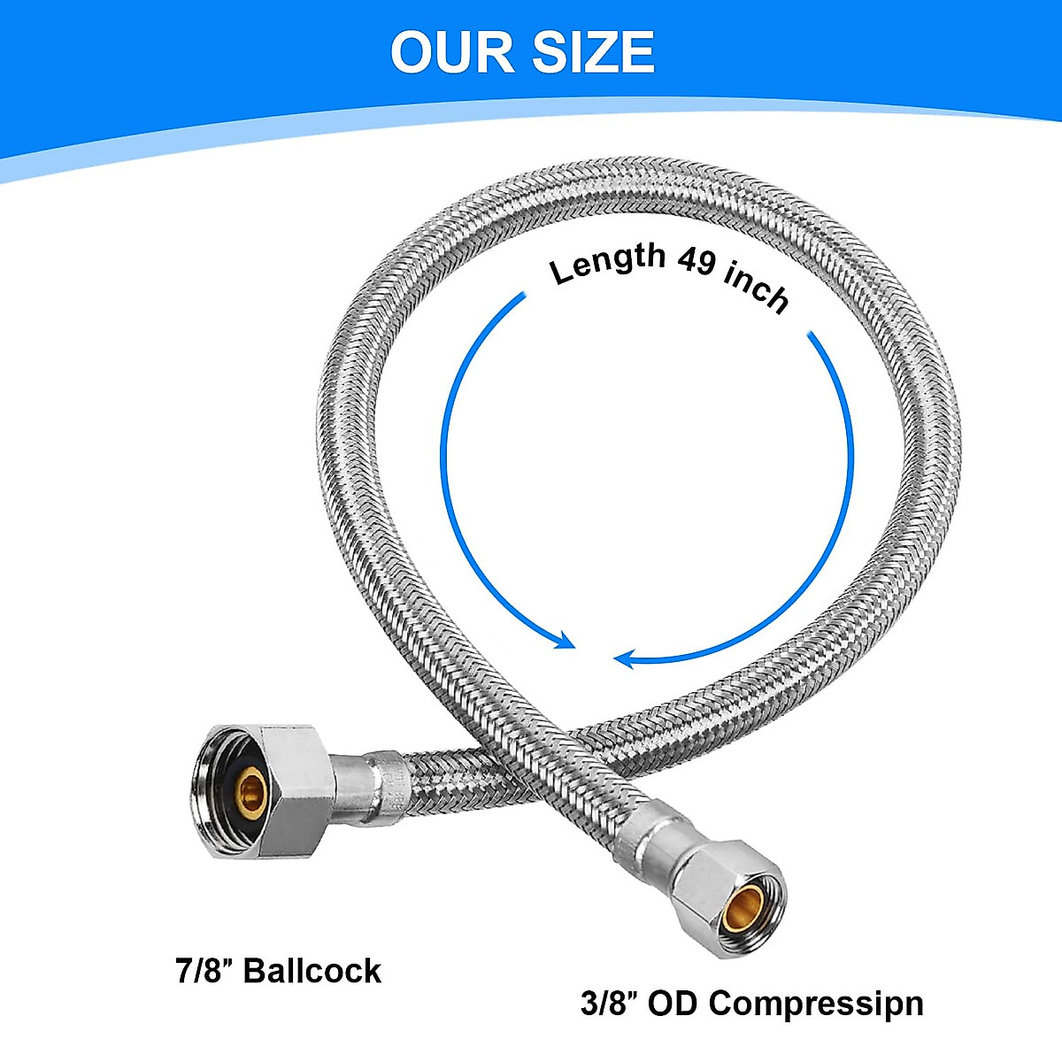 Universal Flexible Toilet Connector, 49-Inch x 3/8" Comp x 7/8" BC, Premium Braided Stainless Steel Toilet Water Supply Connector Line with Anti-Leaking Brass Nut