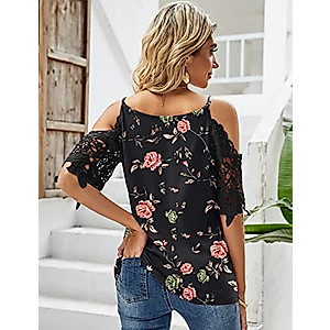 TFSDOD Print Cold Shoulder Tops for Women V Neck Lace Cutout Tunics Shirts Casual Strap Short Sleeve Shirts Black Red Floral XLarge