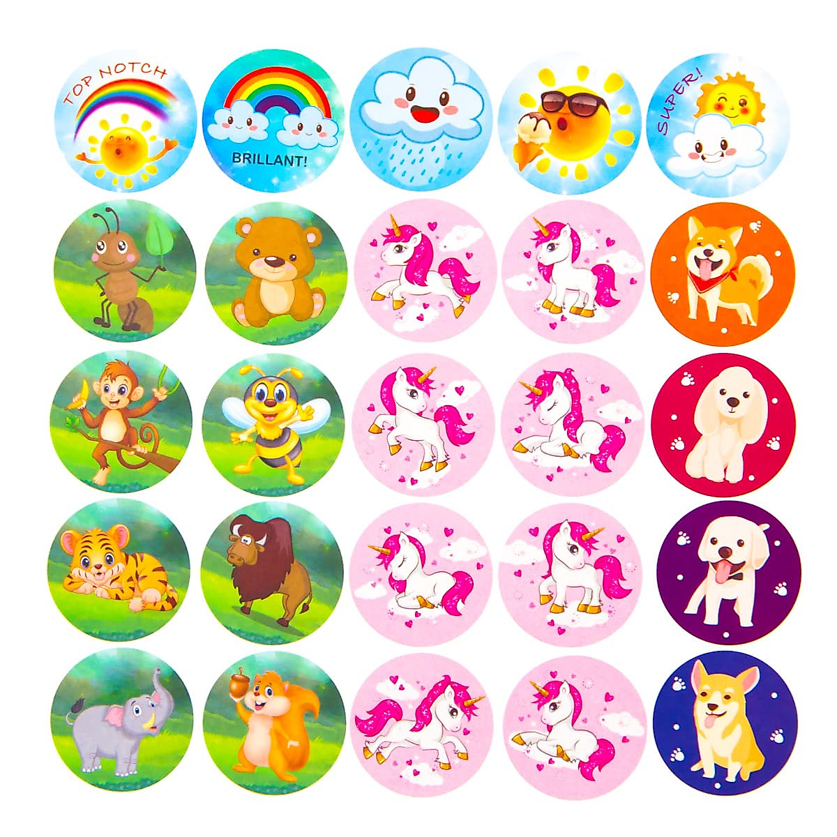 Kids Stickers Inspirational Stickers Rolls- 2000 Pcs MoCeYa Stickers for Kids Motivational Stickers for Toddler Weather Unicorn Pony Animal Dog 1" Diameter with Box