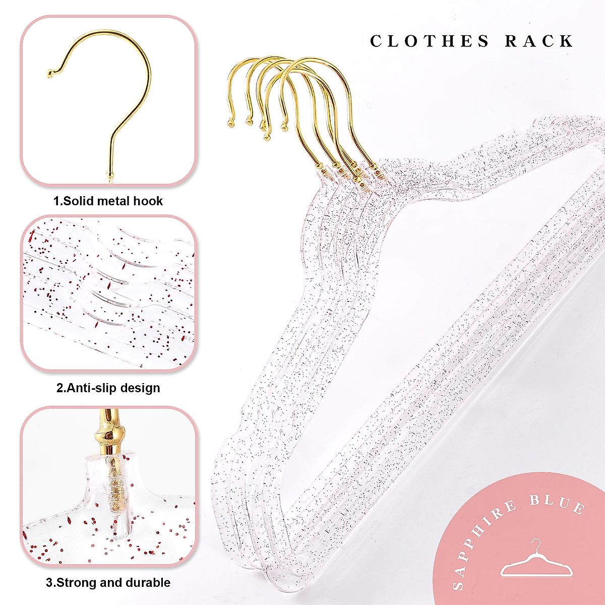 Gold Glitter Hangers,Pink Sparkle Hangers 20 Pcs,Ultra-Thin Acrylic Glitter Hangers for Dress Suits, Glitter Hangers for Girls Non-Slip Space Saving (Pink)