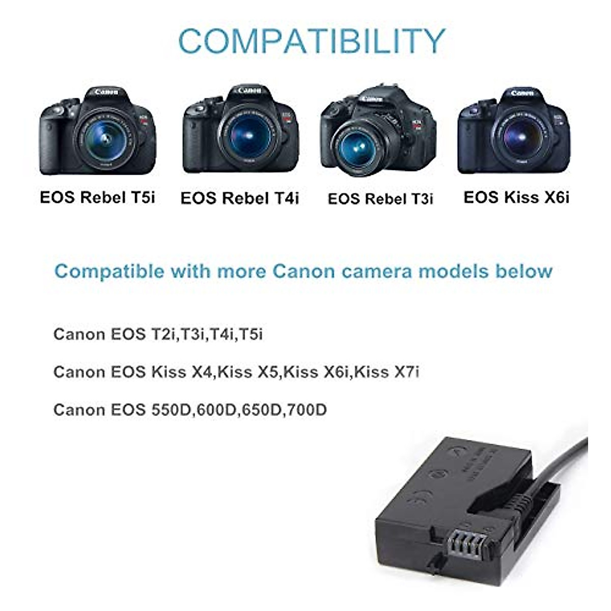 Kimaru ACK-E8 AC Power Adapter LP-E8 Dummy Battery DR-E8 DC Coupler Kit for Canon T2i, T3i, T4i, T5i, Kiss X4, Kiss X5, Kiss X6i, Kiss X7i, 700D, 650D, 600D, 550D Cameras.