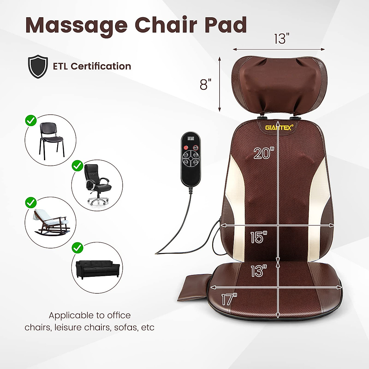 Giantex Back Massager Chair Pad - Chair Massager with Adjustable Neck Pillow, 3 Speeds & 3-Level Timer, Rolling Shiatsu Massager Seat Cushion for Shoulder, Neck, Back, Home Office Massage Seat, Brown