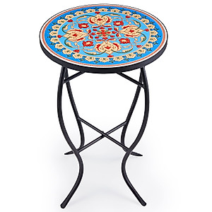 VONLUCE 21" Mosaic Plant Stand, 14 Inch Round Side Table with Ceramic Tile Top, Indoor and Outdoor Accent Table, Outdoor Patio Furniture, End Table for Garden Patio Living Room More, Blue