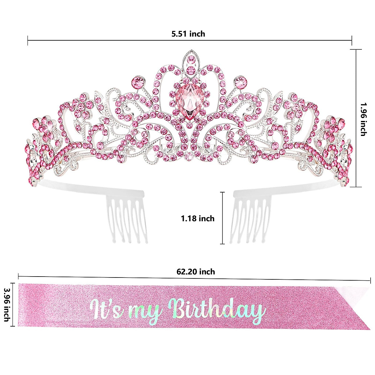 ACO-UINT Pink Birthday Crown for Women, Birthday Headband Birthday Sash Birthday Tiara, Birthday Girl Crown Birthday Queen Tiara Decorations Birthday Gifts