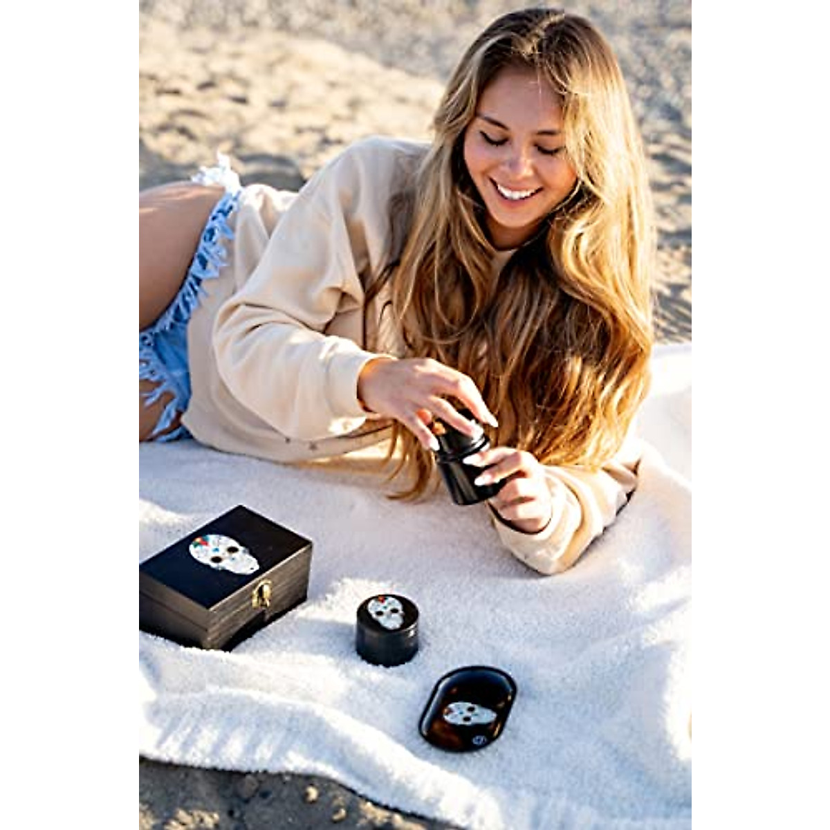 STASH HOUSE SUPPLY CO. Day of the Dead Design Premium Bamboo Stash Box Set with UV Glass Jar, Metal Tray and Lock - Great Gift for Skull Lovers