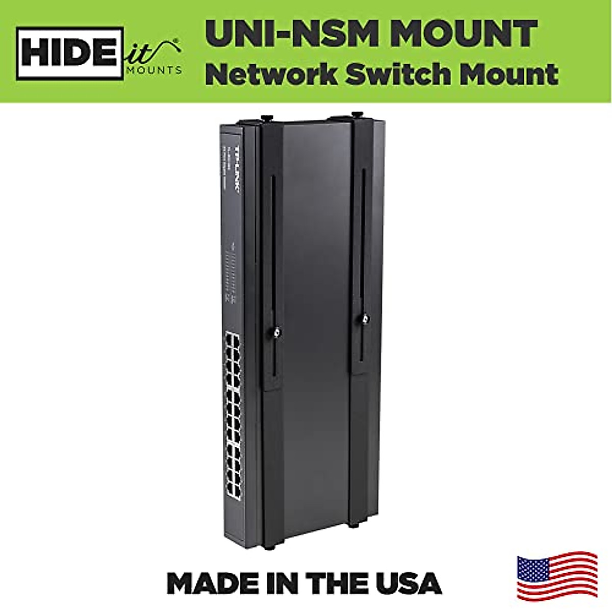 HIDEit Mounts Uni-NSM Mount - Made in USA - Black Steel Adjustable 1U Network Device Wall Mount for A/V Components, Mount for Network Switch, Ethernet Splitter and Ethernet Switch