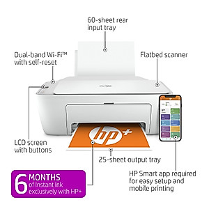 HP DeskJet 2742e Series Inkjet Color All-in-One Printer I Print Copy Scan I Wireless USB Connectivity I Mobile Printing I Up to 4800 x 1200 DPI I Print Up to 7.5 ISO PPM I White + Printer Cable