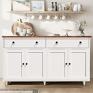 4 EVER WINNER Sideboard Buffet Cabinet with Storage, 55" Kitchen Buffet Storage Cabinet with 2 Drawers and 4 Doors, Retro Coffee Bar Cabinet Wood Buffet Table Dining Room Cabinet, White