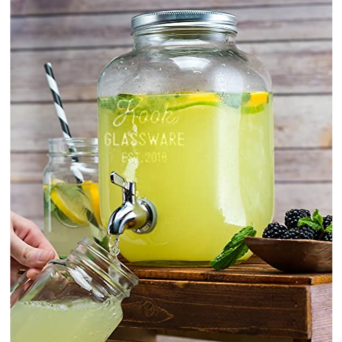 Kook Glass Drink Dispenser, with Leak-Proof Stainless Steel Spigot, Clear Mason Jar, Beverage Storage for Fridge, for Water, Iced Tea, Sangria, Lemonade, 1 Gallon (1, Silver)