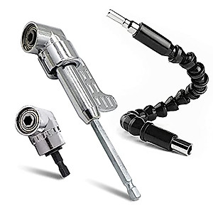 Jamiikury Silver 105 Degree Right Angle Drill Bit Holder, 1/4" Hex Shank Driver Angle Extension and Flexible Angle Extension Bit Kit for Screwdriver & Drill
